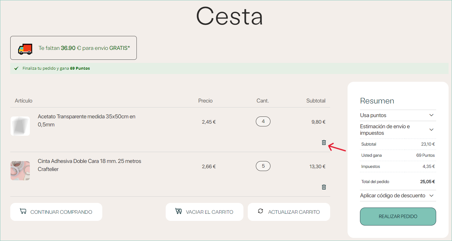Quiero eliminar un producto de mi cesta 🚮 – Craftelier España